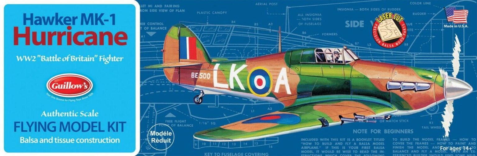 Guillow's Hawker MK-1 Hurricane Balsa Plane Model Kit - 506 - Somerset Models